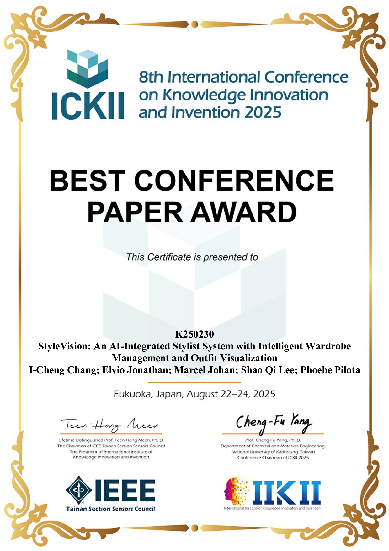 NDHU CSIE Professor I-Cheng Chang’s Team Wins Best Paper Award at ICKII ...